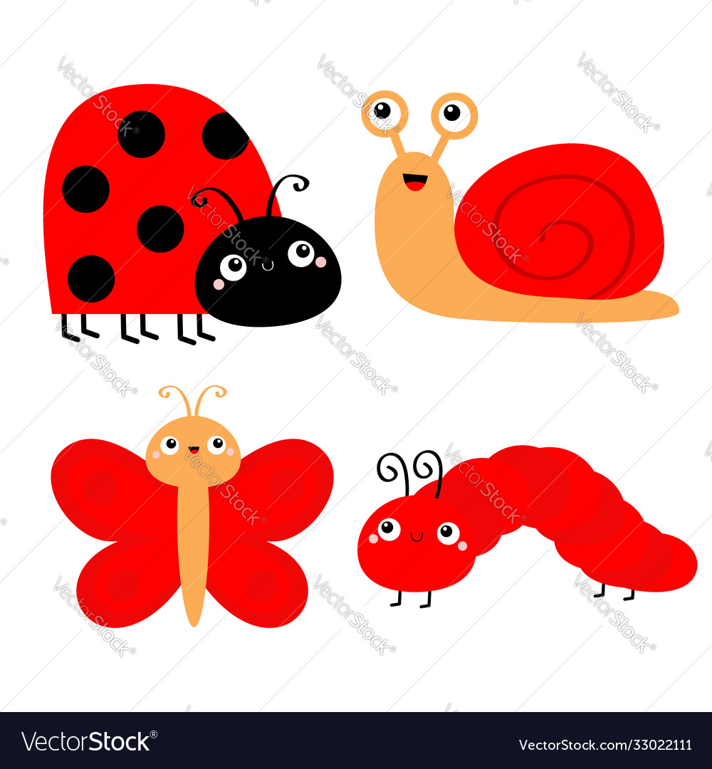 Red insect icon set butterfly caterpillar ladybug Vector Image