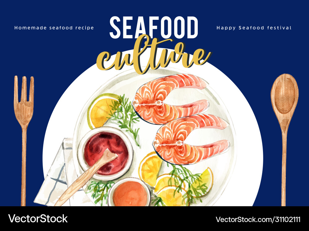 Seafood frame design with watercolor Royalty Free Vector