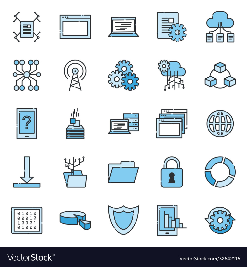 Big data line and fill style icon set Royalty Free Vector