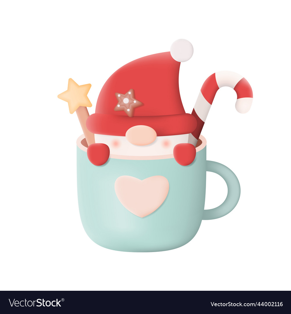 Cute christmas gnome in mug 3d icon on white Vector Image