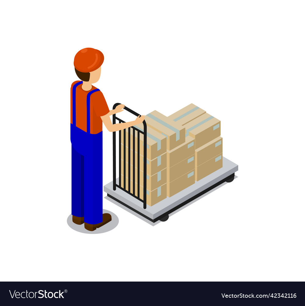 Worker pulling cart with boxes Royalty Free Vector Image