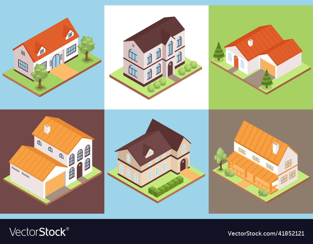 Isometric private house design concept set Vector Image