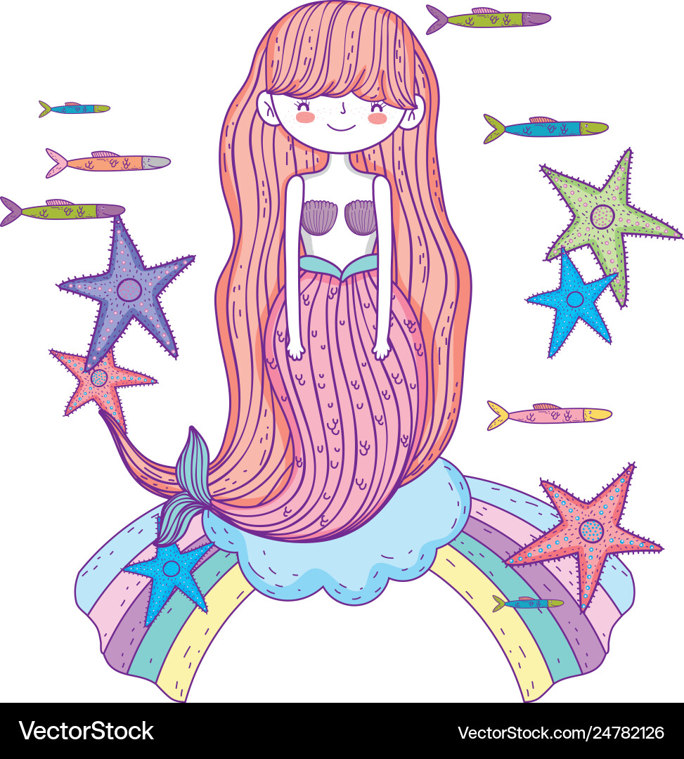 Beautiful mermaid with starfishes in clouds Vector Image