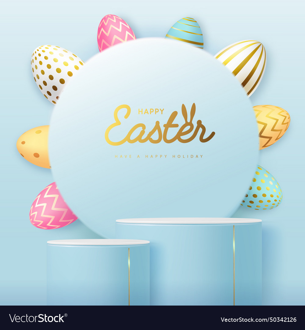 Easter background with 3d podium and eggs Vector Image