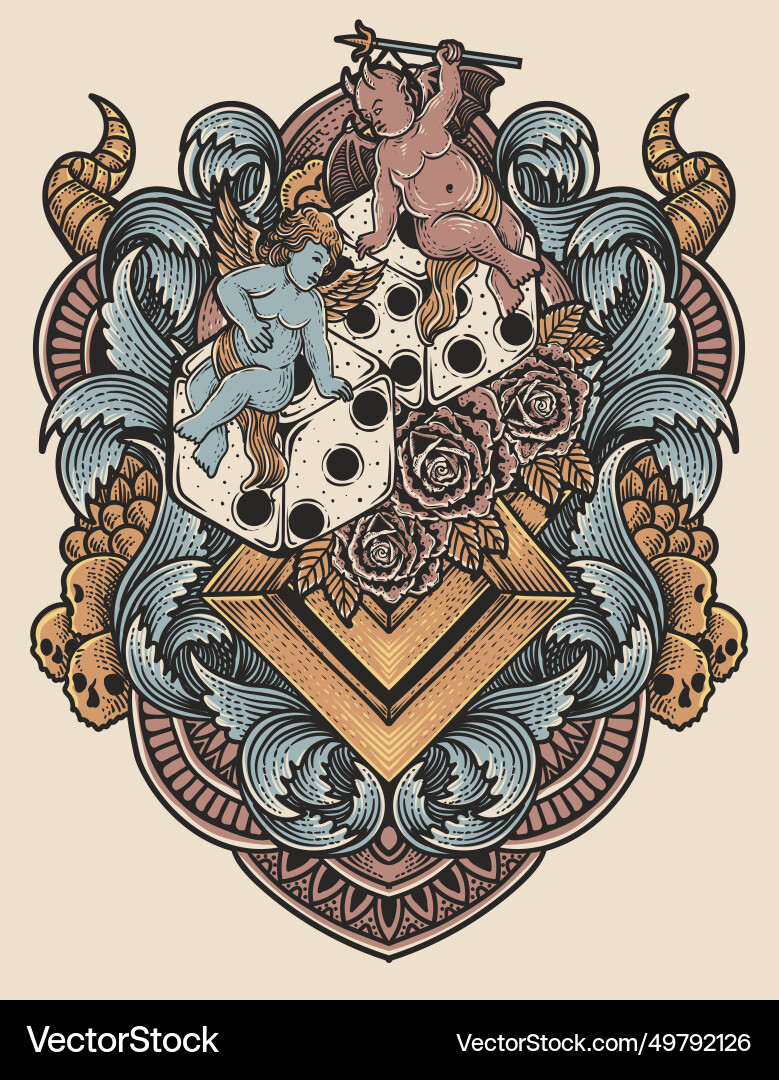 Hand drawn angel and demon sitting on dice with Vector Image