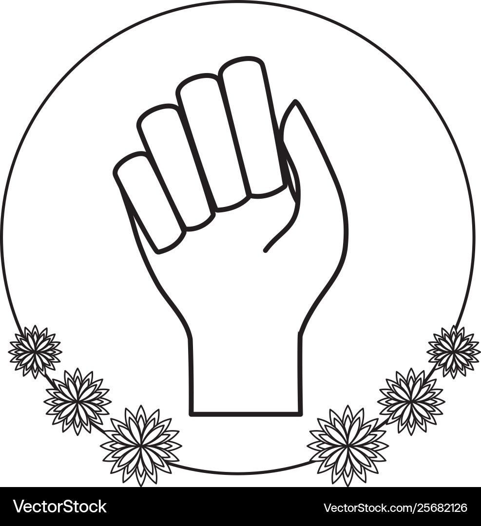 Hand human fist in frame circular with flowers Vector Image
