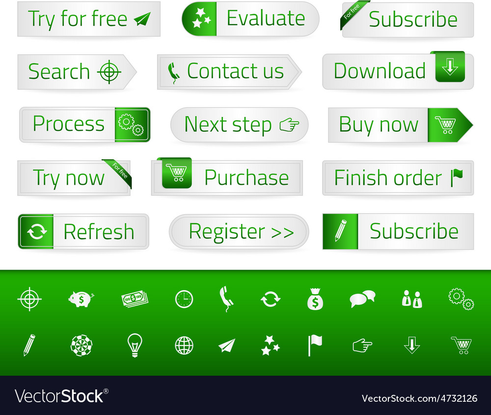 Light web buttons with green bookmarks and icons Vector Image