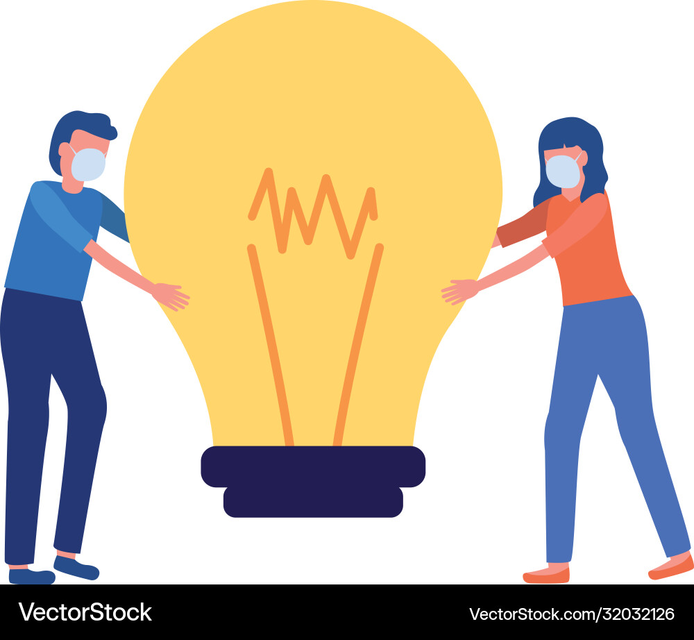 Woman and man with mask light bulb Royalty Free Vector Image