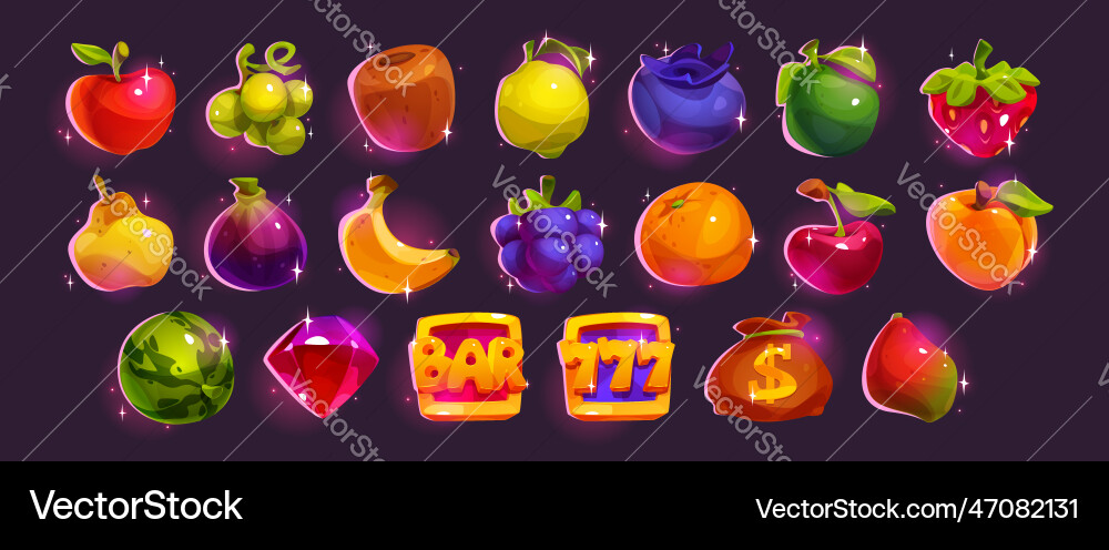Casino slot machine match game fruit ui icon set Vector Image