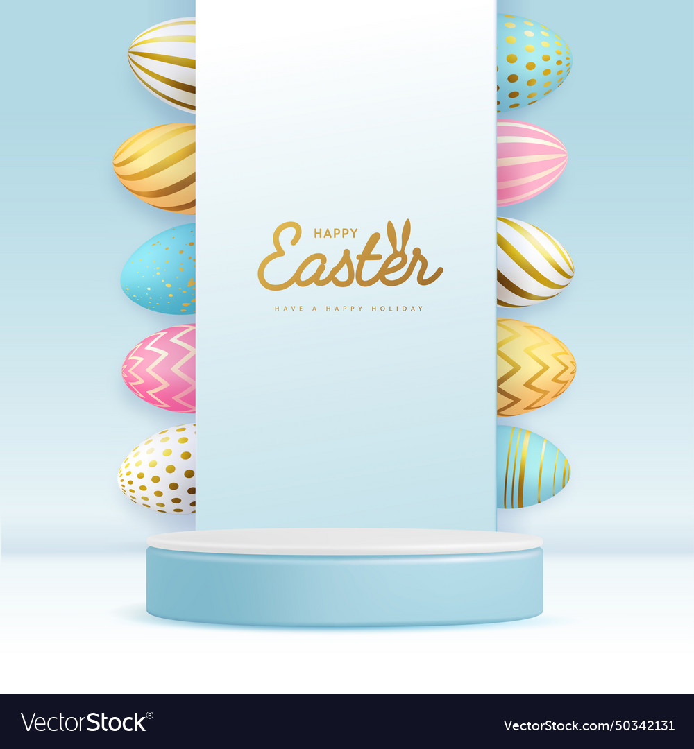 Easter background with 3d podium and eggs Vector Image