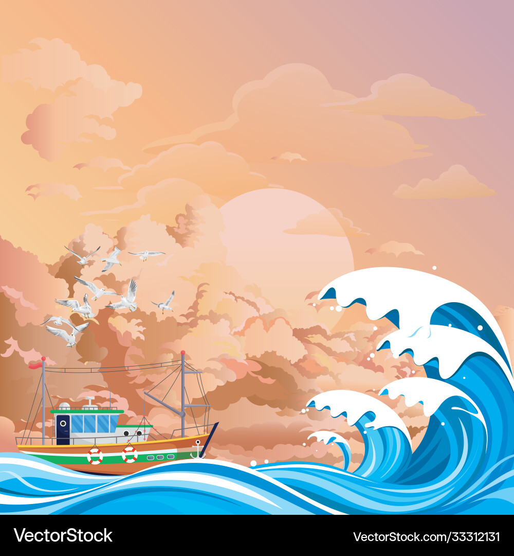 Fishing trawler boat at sea dawn Royalty Free Vector Image