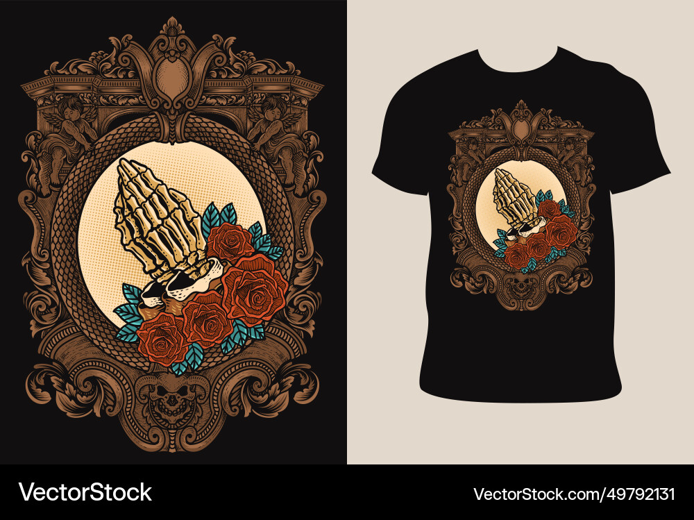 Hand drawn skull pray with rose flower on t Vector Image