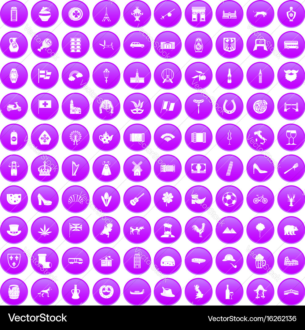 100 europe icons set purple Royalty Free Vector Image
