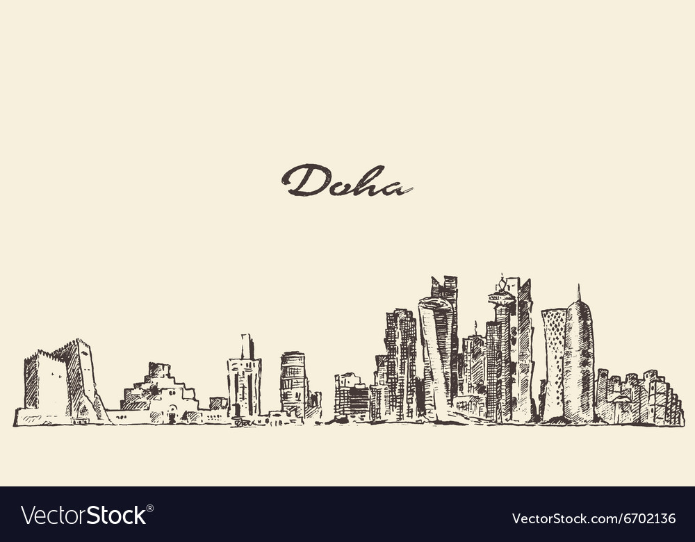 Doha skyline hand drawn Royalty Free Vector Image