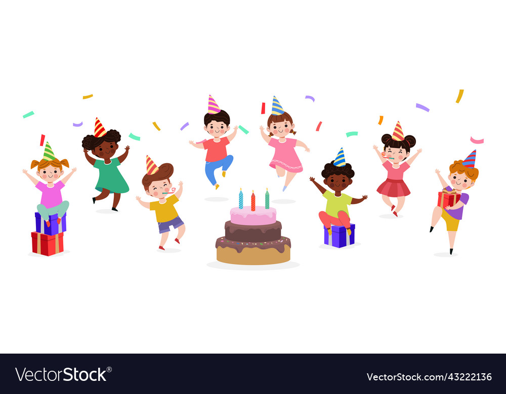 Happy children with cake and gift birthday party Vector Image