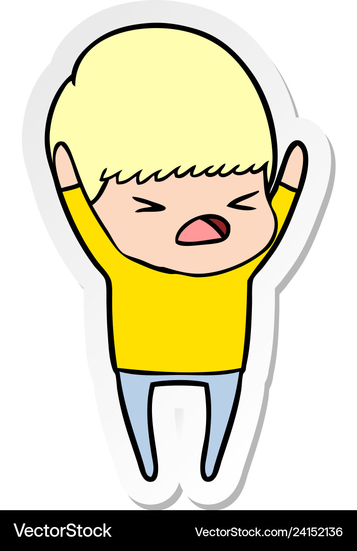 Sticker of a cartoon stressed man Royalty Free Vector Image
