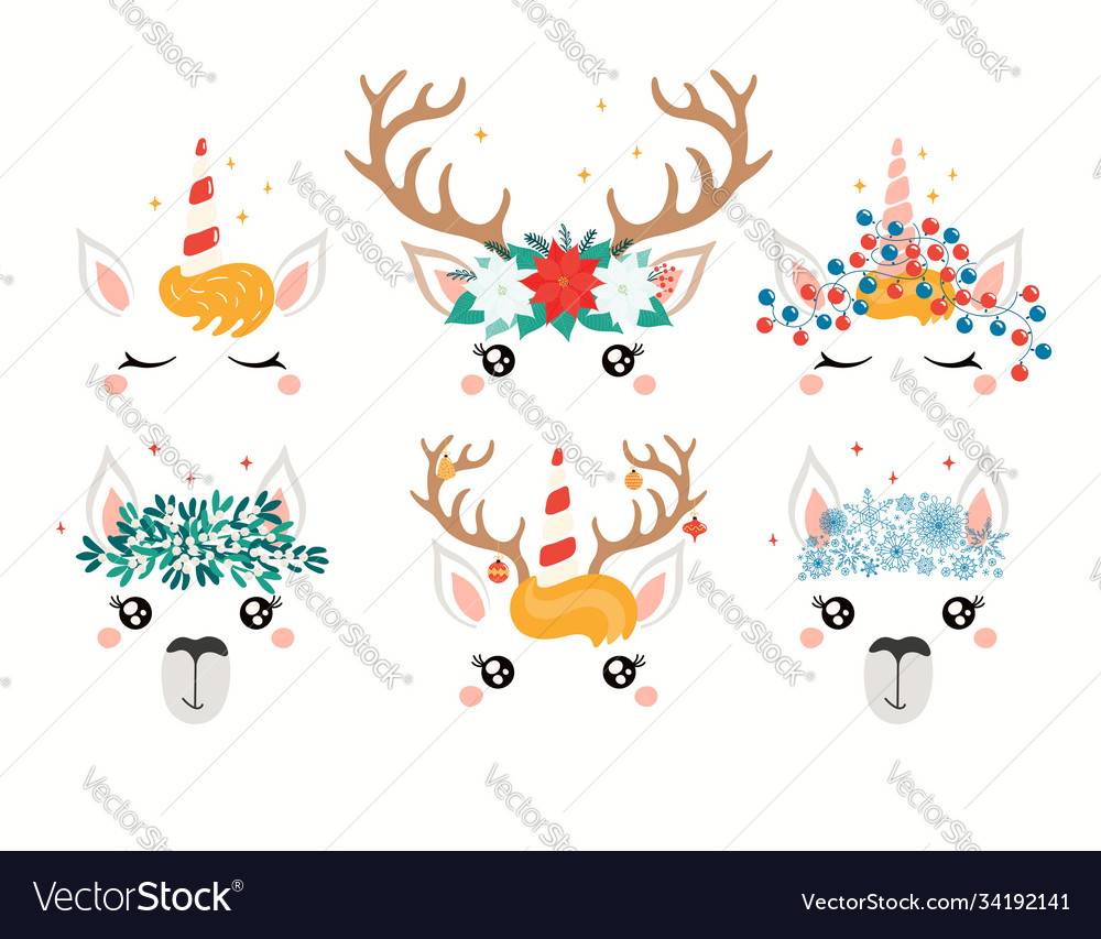 Christmas animal faces set Royalty Free Vector Image