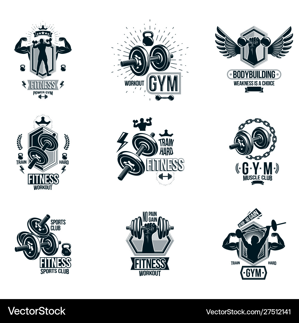 Set bodybuilding theme emblems and advertising Vector Image