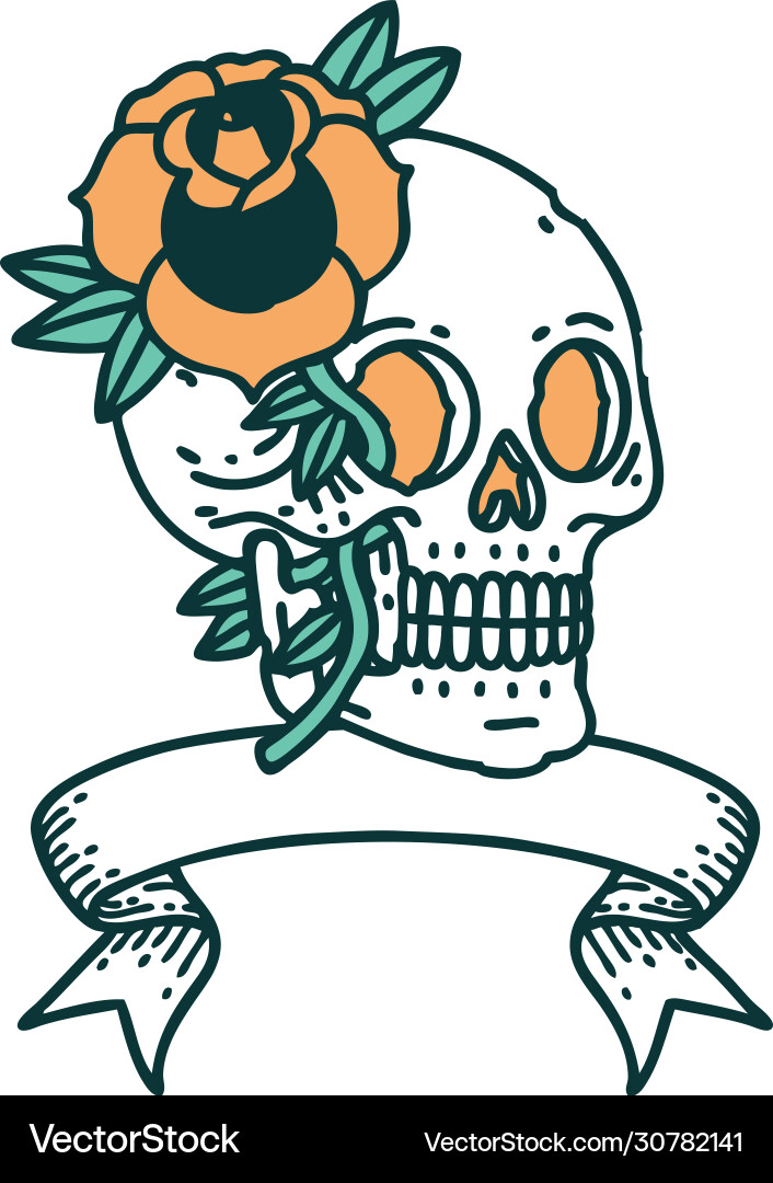 Tattoo with banner a skull and rose Royalty Free Vector