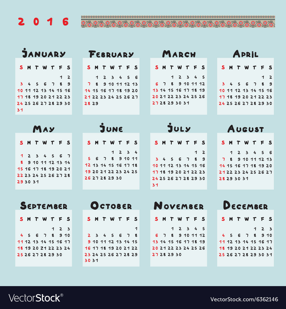 Calendar 2016 Royalty Free Vector Image - VectorStock