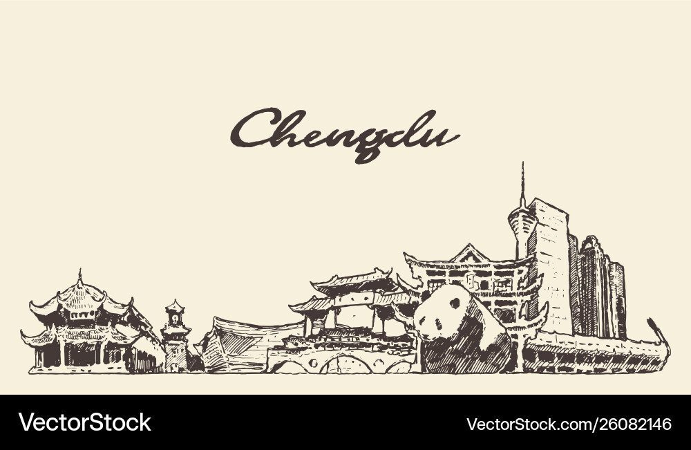 Chengdu skyline sichuan china drawn sketch Vector Image