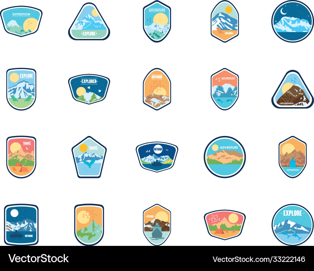 Mountains and snowy insignia badges icon Vector Image