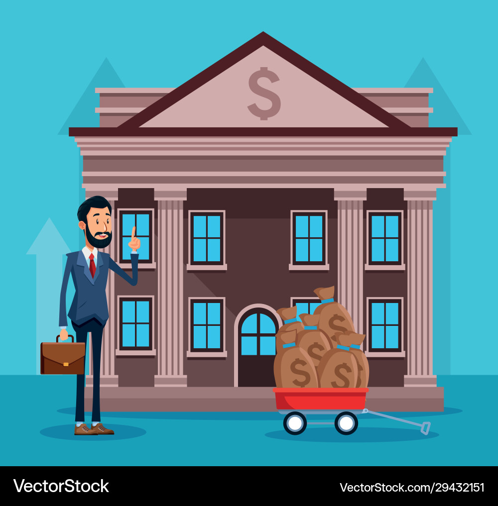 Cartoon businessman in front bank Royalty Free Vector Image