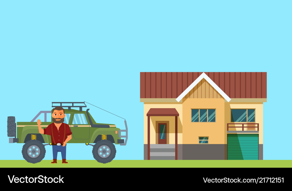 Flat design man with home and truck on background Vector Image