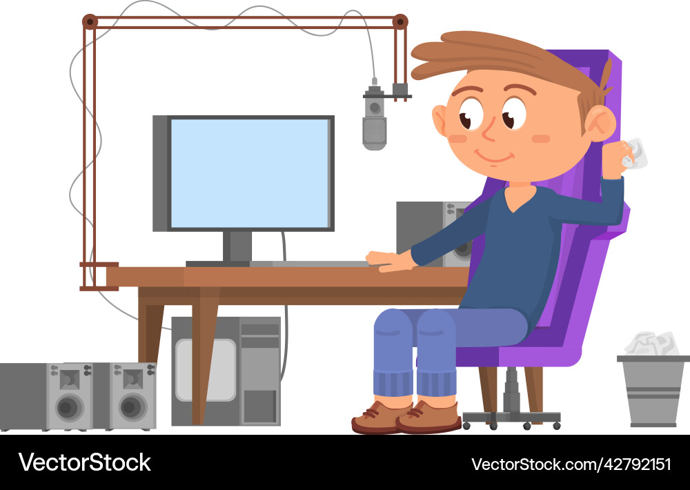 Kid recording podcast funny cartoon character Vector Image