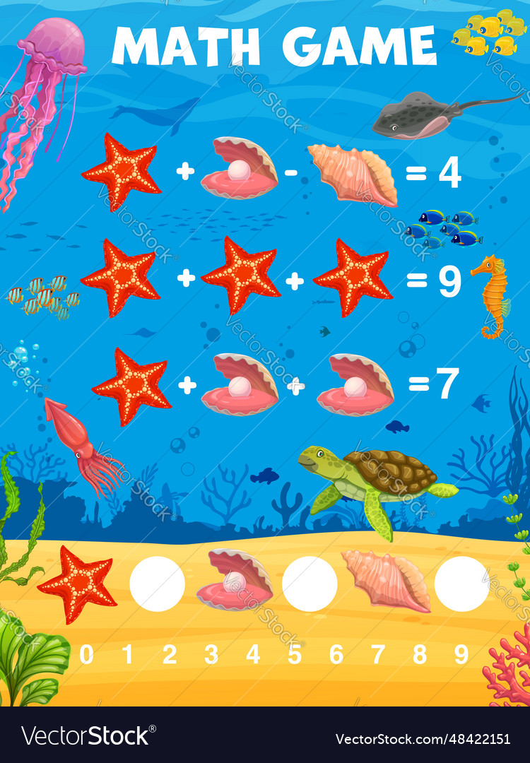 Math game worksheet with sea animals fish shells Vector Image