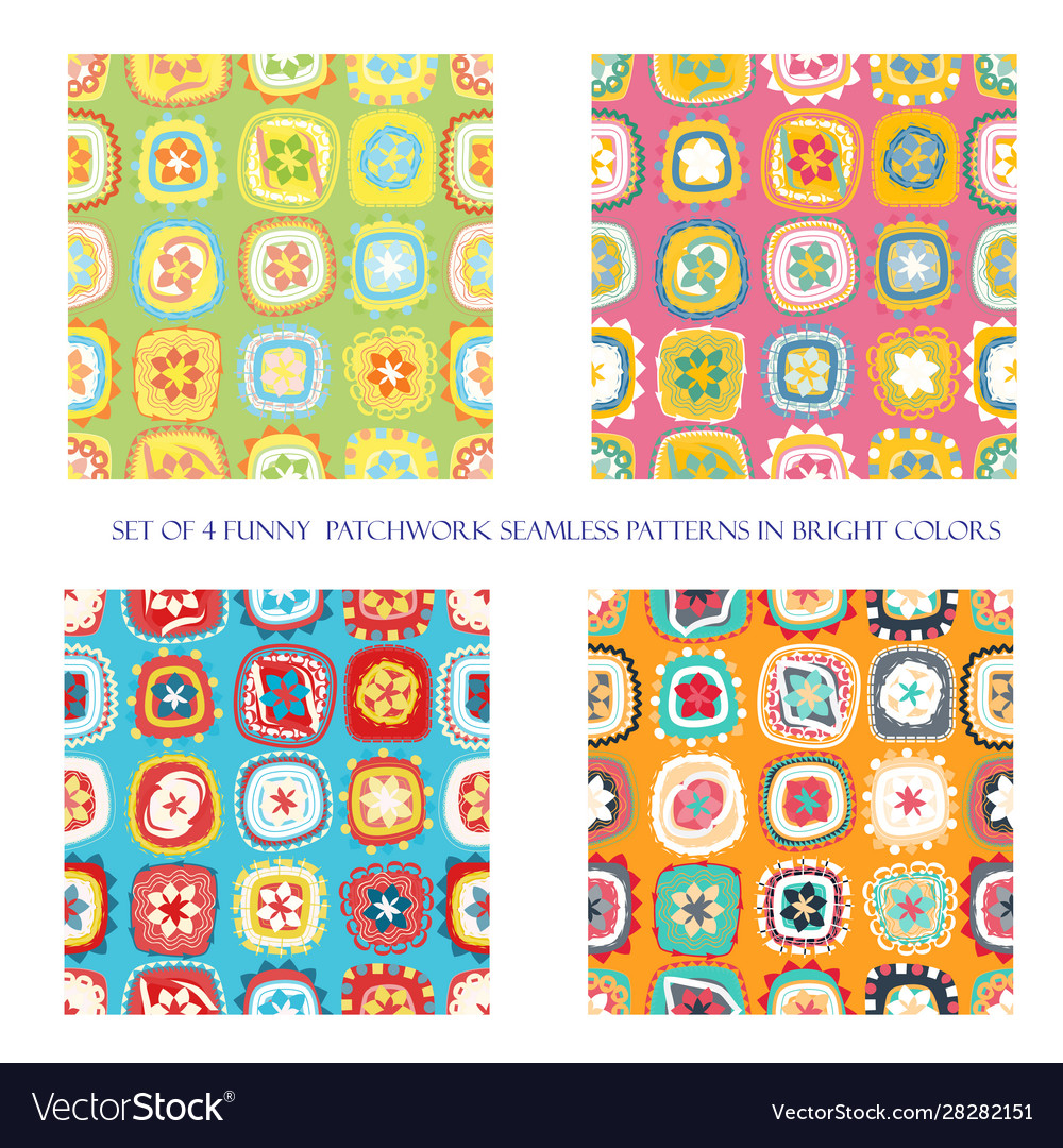 Set 4 funny patchwork seamless patterns Royalty Free Vector