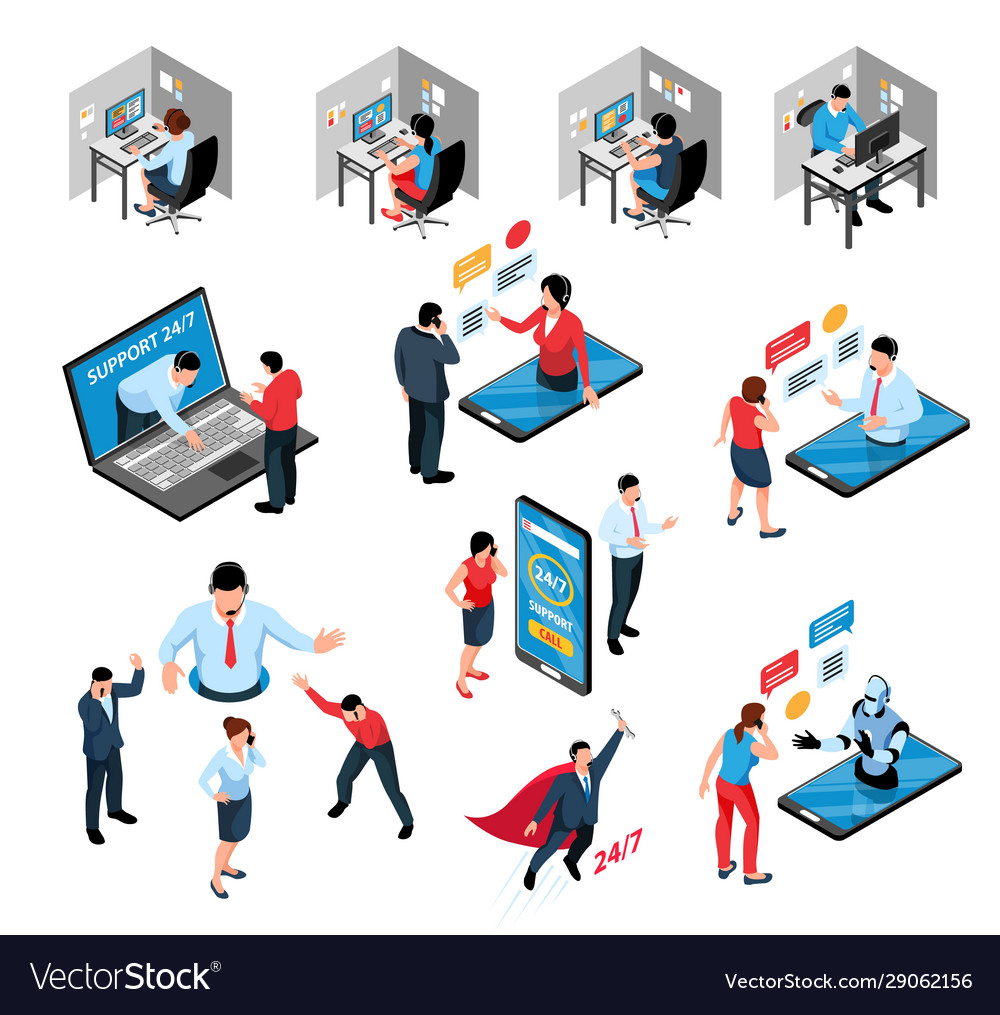 Call center isometric set Royalty Free Vector Image