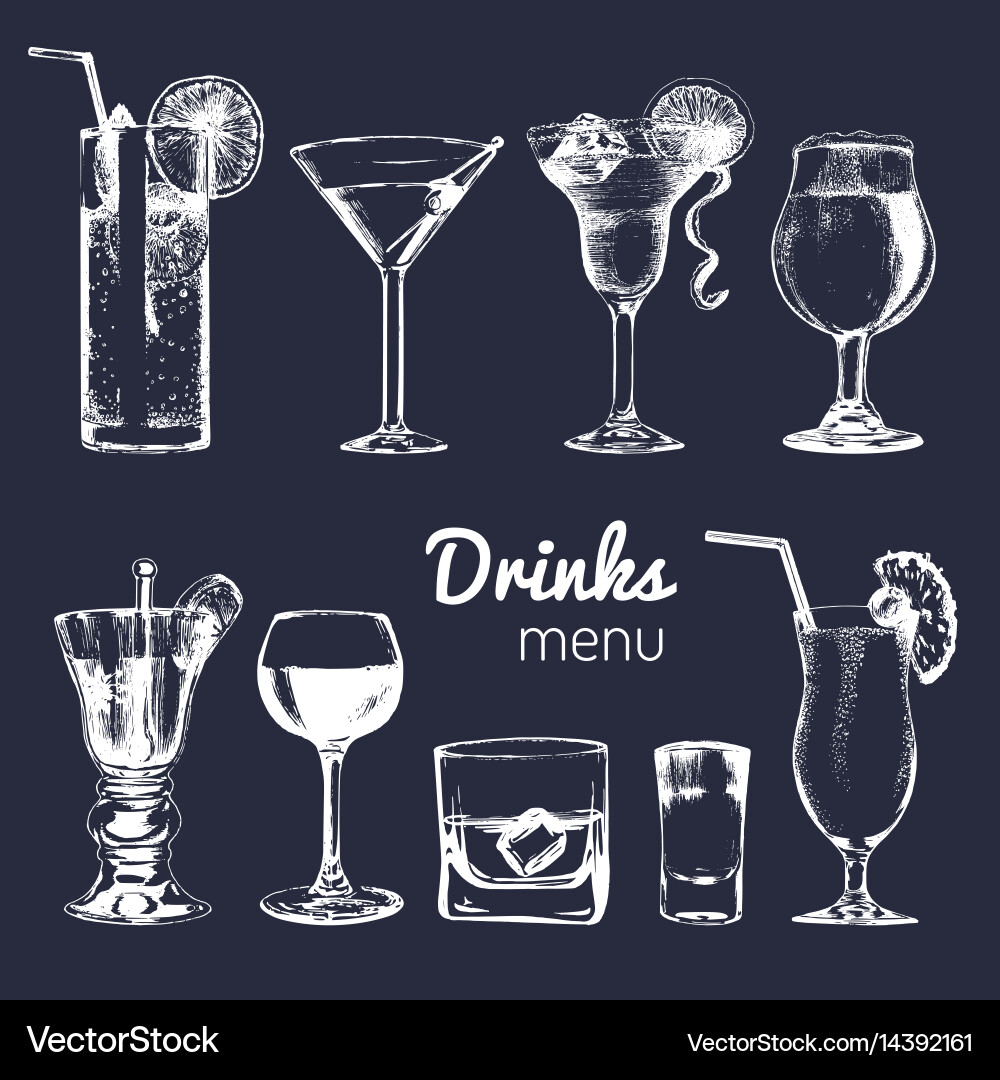 Cocktails drinks and glasses for bar restaurant Vector Image
