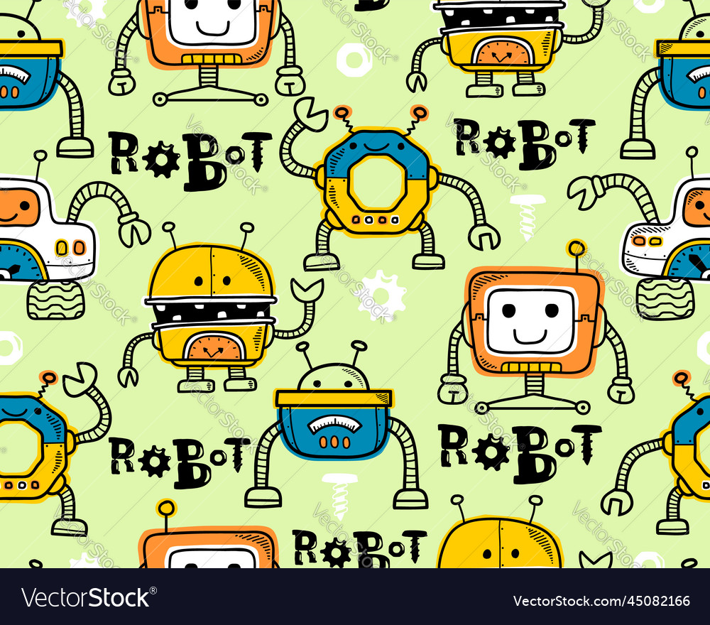 Seamless pattern of hand drawn robots cartoon Vector Image