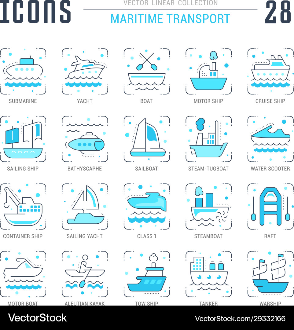 Set blue line icons maritime transport Royalty Free Vector