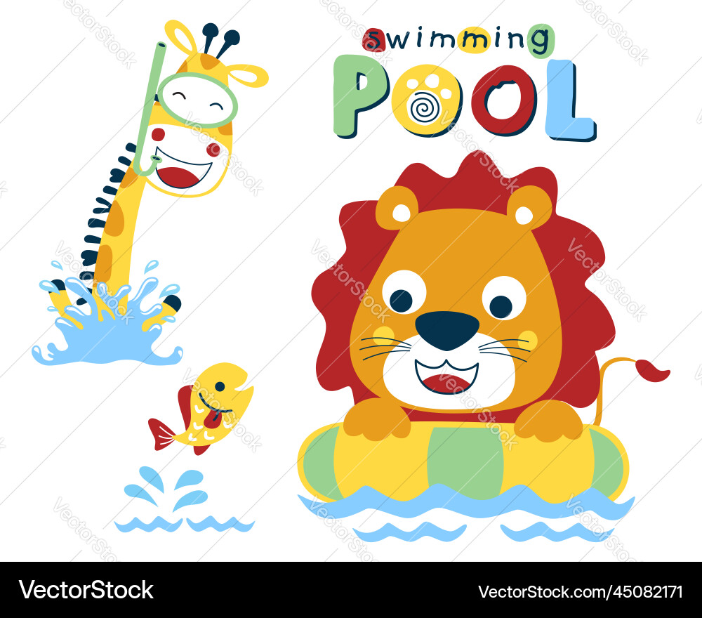 Funny animals cartoon swimming with a fish Vector Image