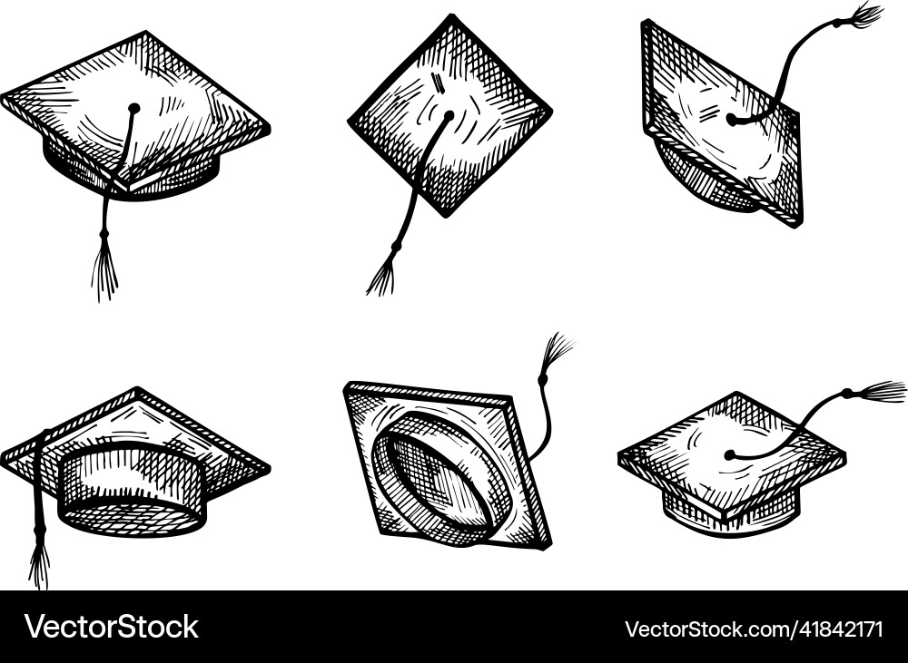Set graduate hats sketch isolated vintage element Vector Image