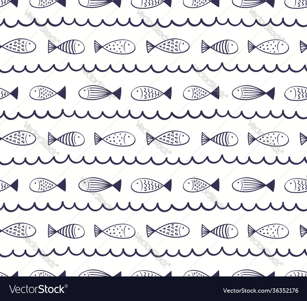 Blue waves fish simple nautical seamless pattern Vector Image