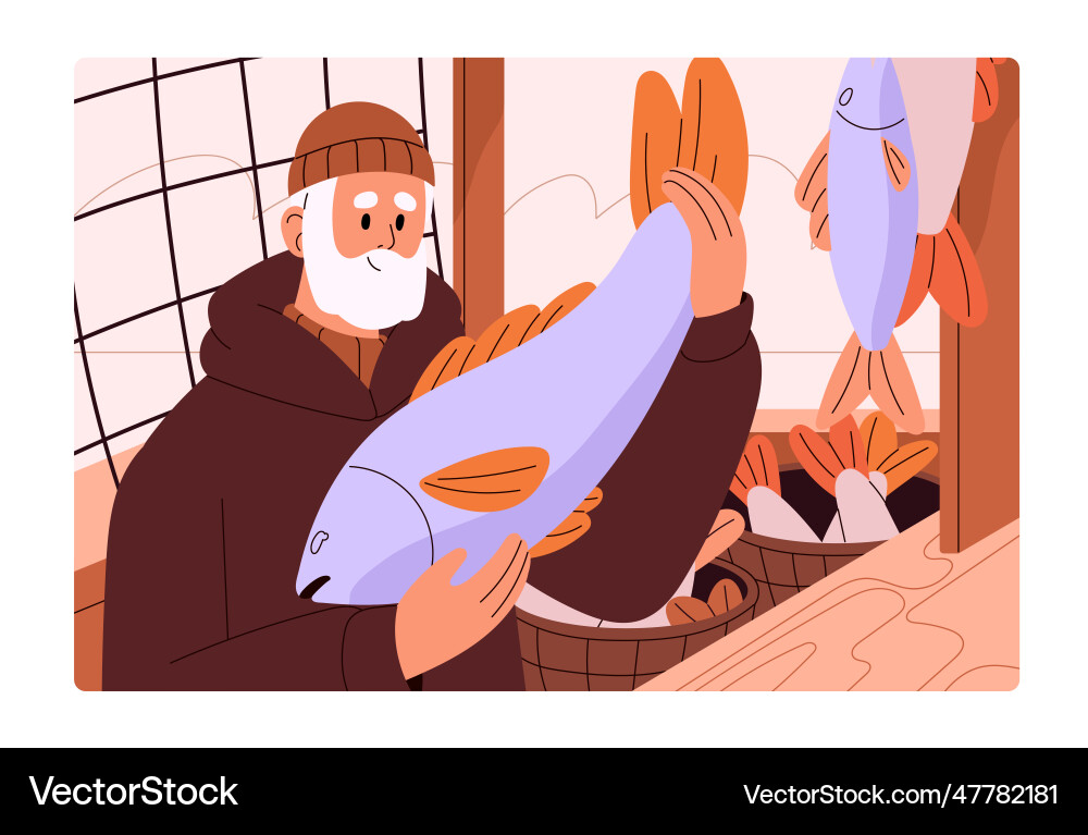 Fishmonger selling fish at local market counter Vector Image