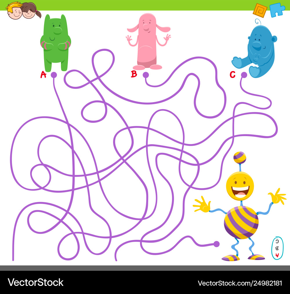 Maze game with cartoon fantasy characters Vector Image