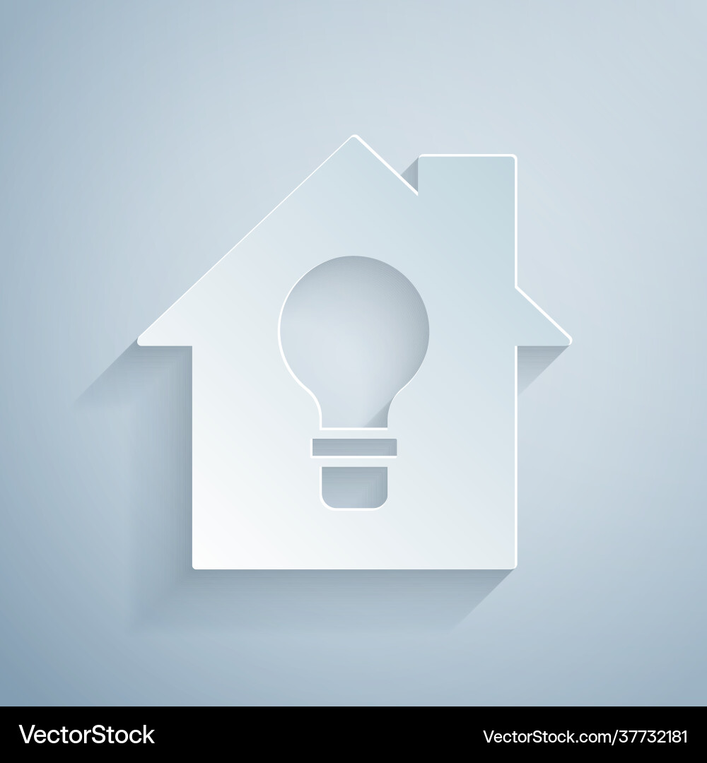 Paper cut smart house and light bulb icon isolated