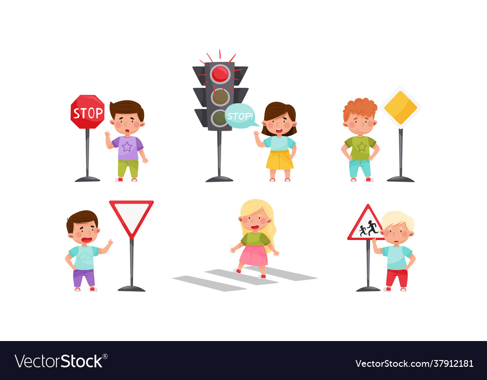 Smiling kid characters learning road signs Vector Image