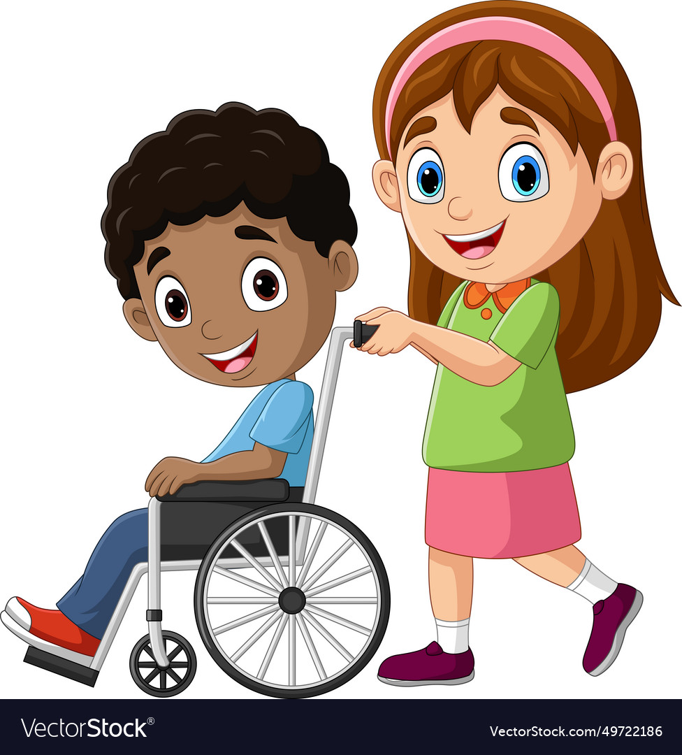 Cartoon little girl helping a boy in wheelchair Vector Image
