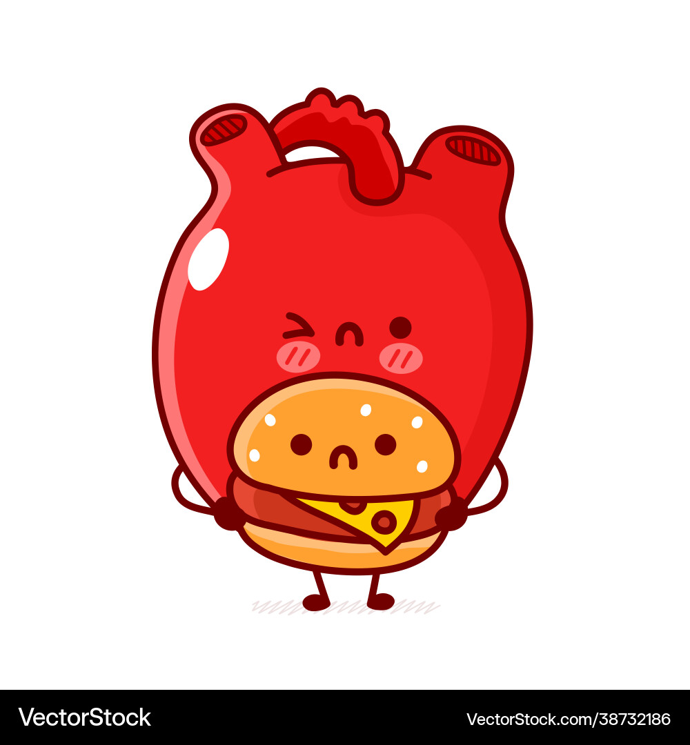 Cute sad human heart organ hold burger Royalty Free Vector