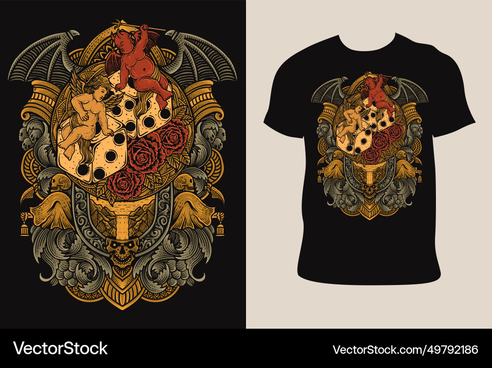 Hand drawn angel and demon sitting on dice with Vector Image