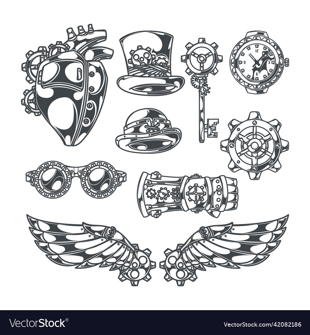 Steampunk set isolated decorative icons Royalty Free Vector