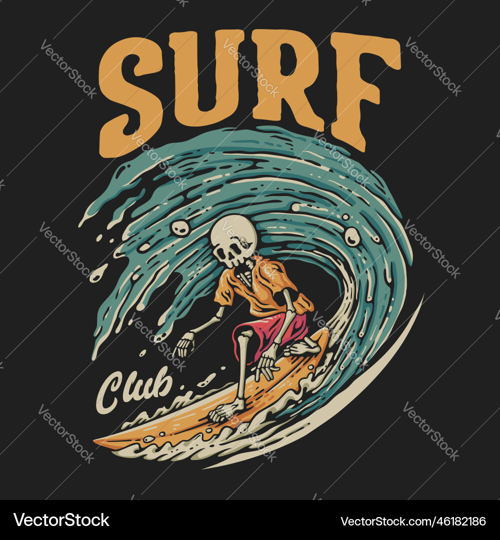 T shirt design surf club with skeleton doing Vector Image