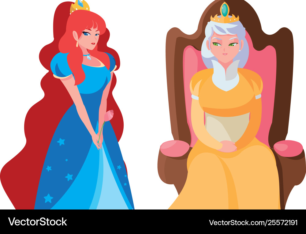 Beautiful princess with queen on throne tales Vector Image