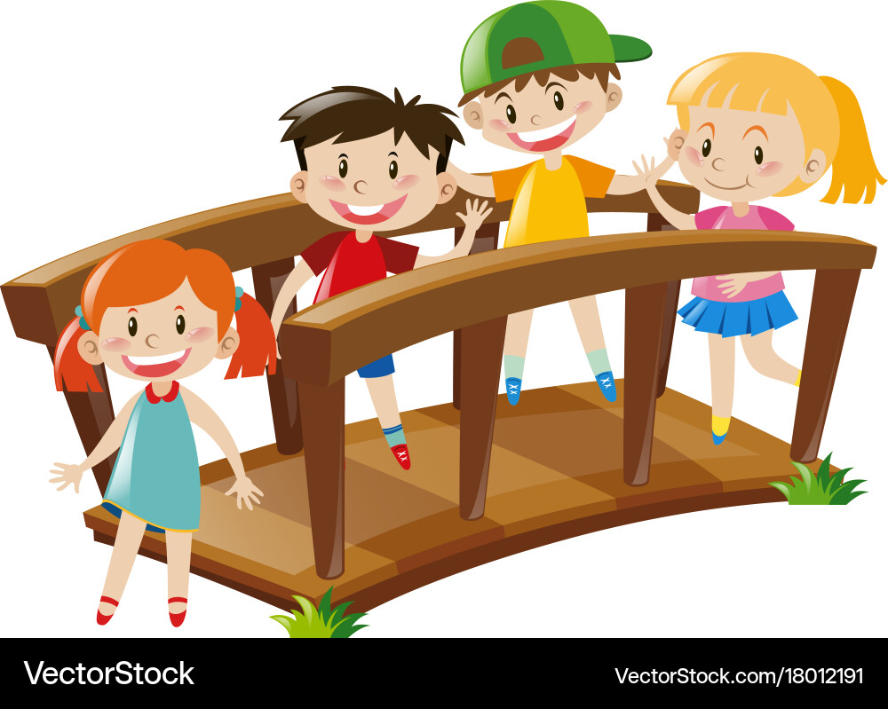 Four kids crossing wooden bridge Royalty Free Vector Image