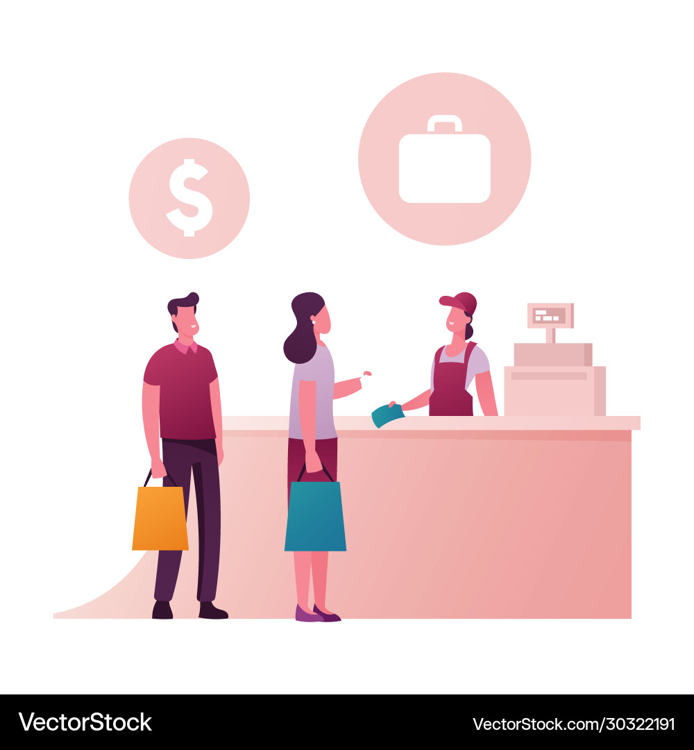Happy people standing at counter desk Royalty Free Vector